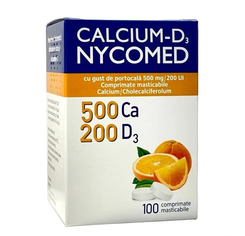 Calciu-D3 Nycomed comp.masticab.500mg+200UI N 100 portocala