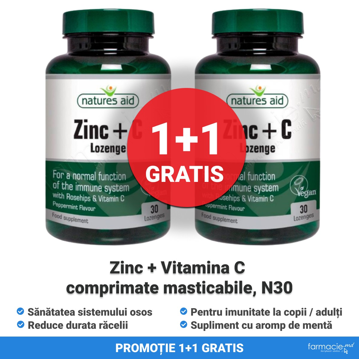 Zinc+C comp.masticab.N30 (imunitate copii/adulti) Natures Aid 1+1Gratis