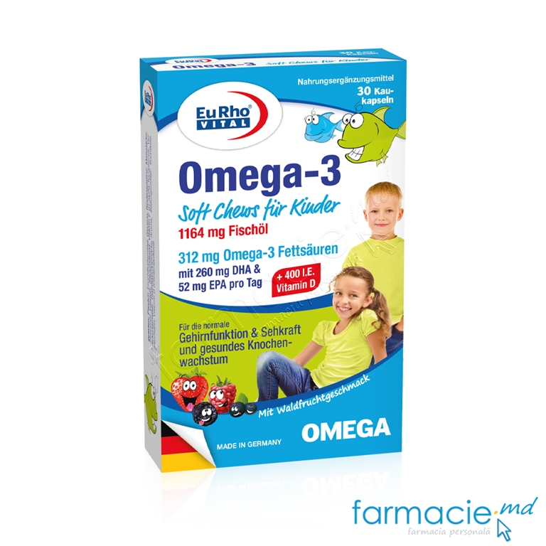 Omega 3 Kids 312mg+Vit.D+E caps.masticab. N30 (4 ani+,2/zi) EuRho Vital
